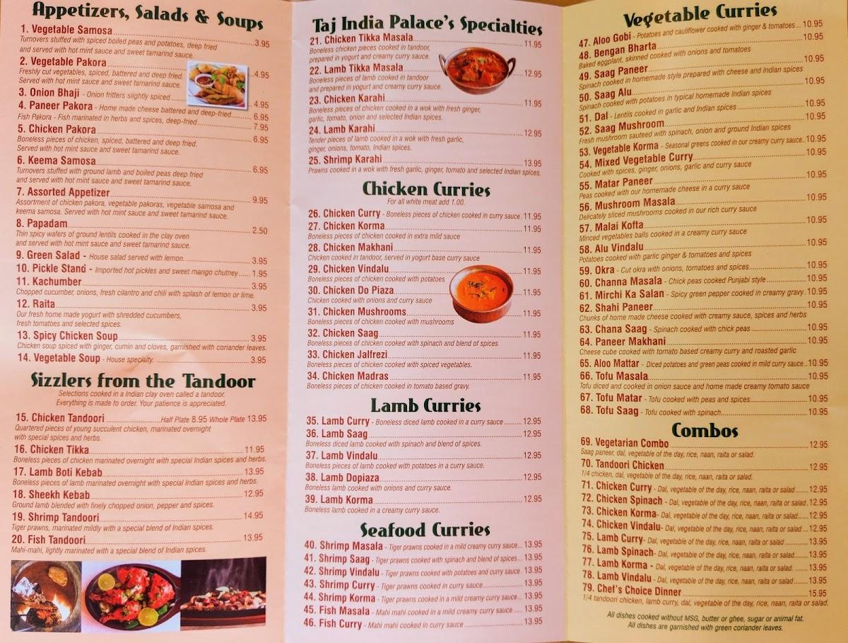 Menu at Taj Indian Palace restaurant, Los Angeles