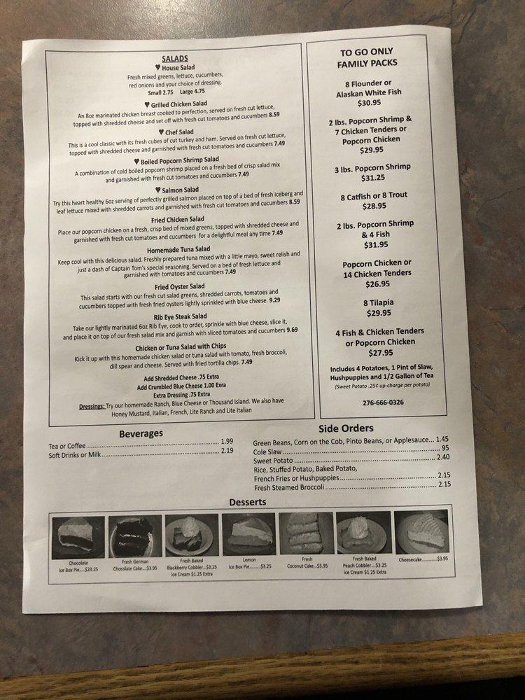 Menu at Captain Tom's Seafood restaurant, Martinsville