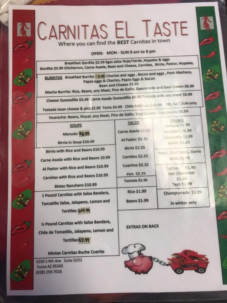 Menu at Carnitas El Taste restaurant, Yuma