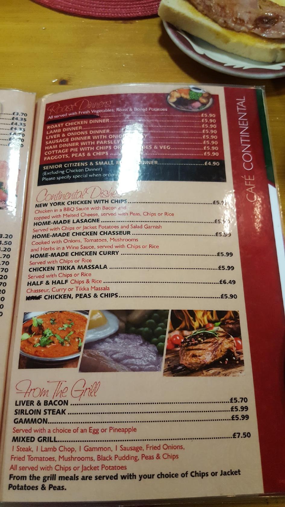 Menu at Continental cafe, Swansea, 37 Castle St