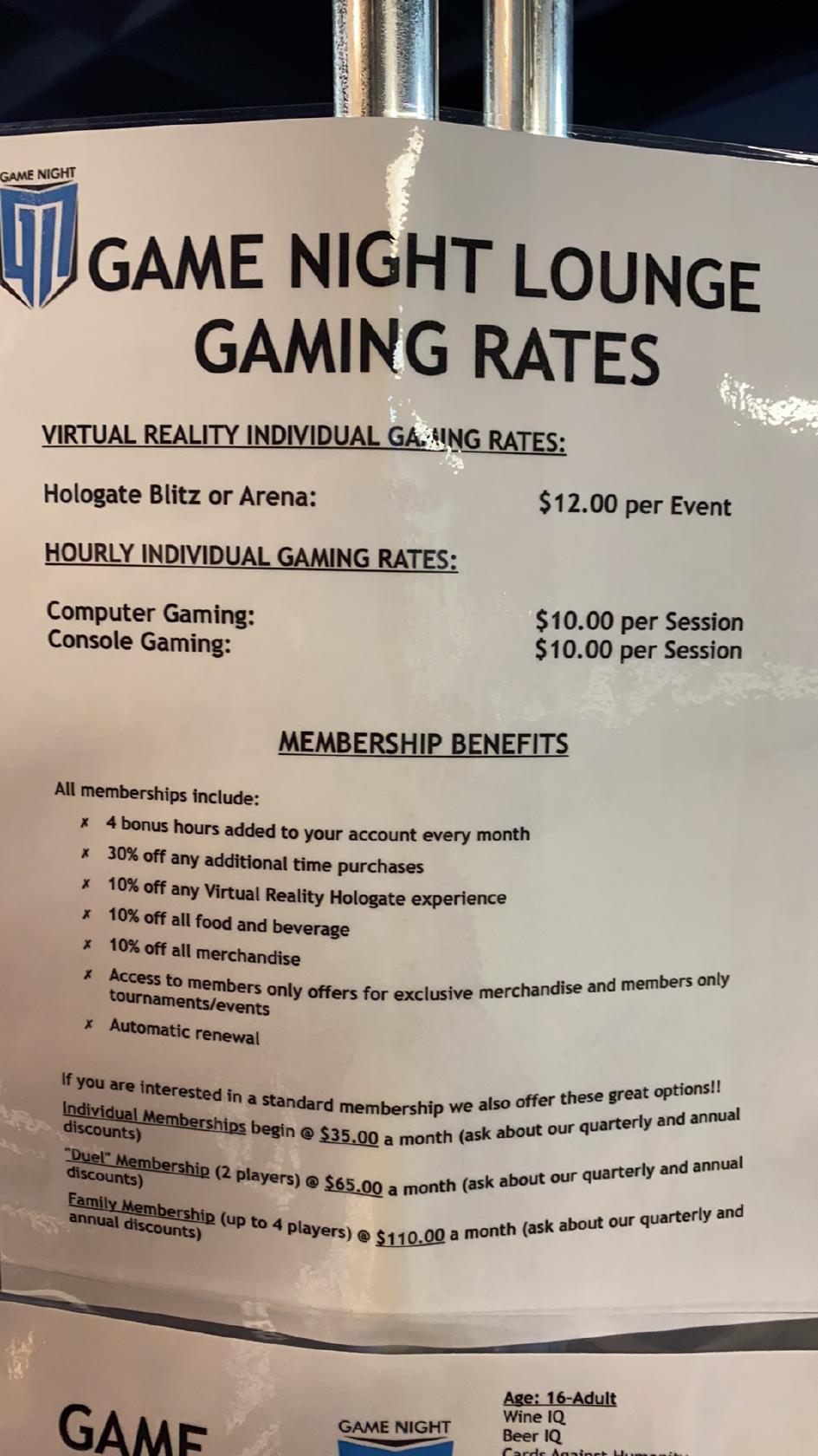 Menu at Game Night Lounge restaurant, Great Falls