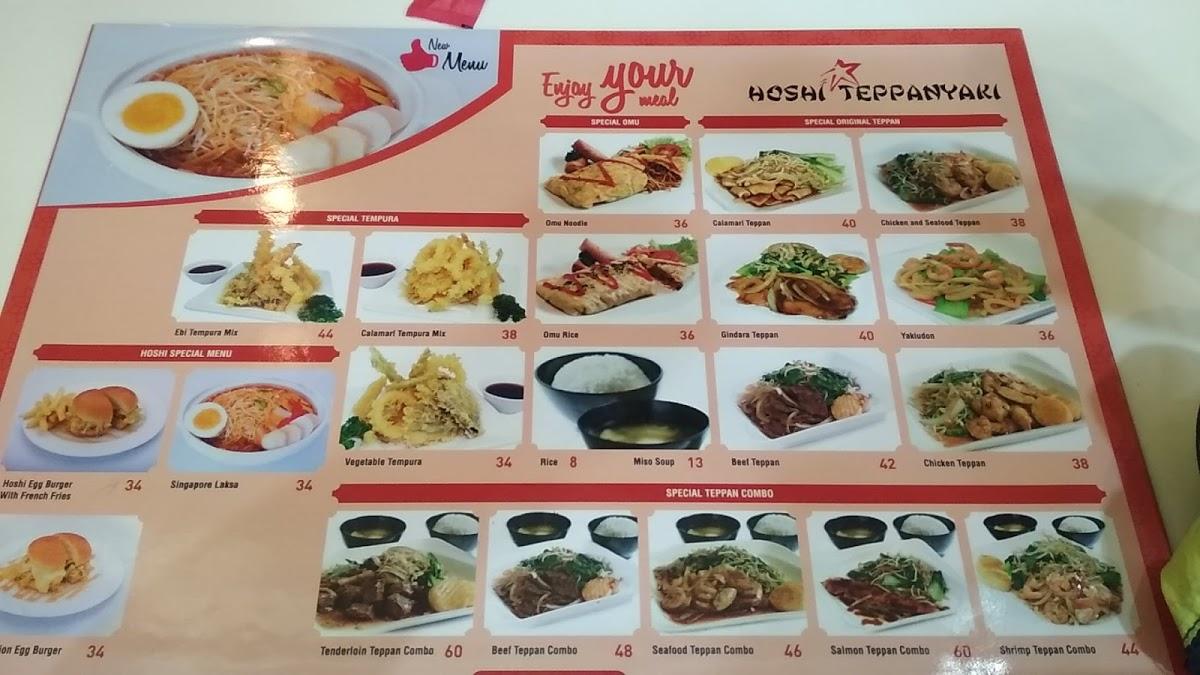 Menu at Hoshi Tepanyaki restaurant, Yogyakarta