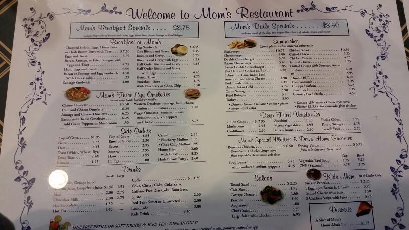 Menu at Mom's Restaurant, Franklin, William C Good Blvd