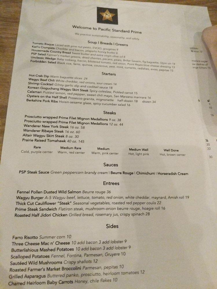 Menu at Pacific Standard Prime pub & bar, Redondo Beach