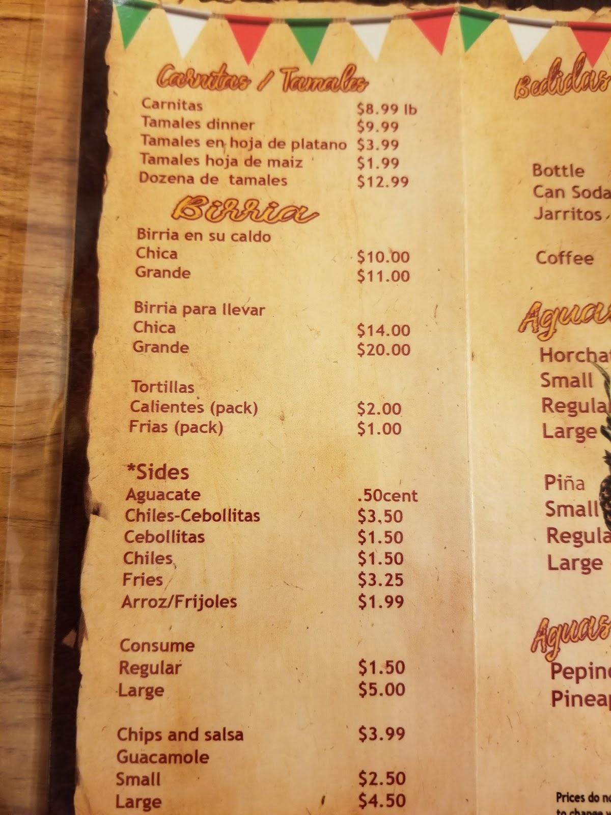 Menu at Taqueria Mi Jalisco restaurant, East Chicago