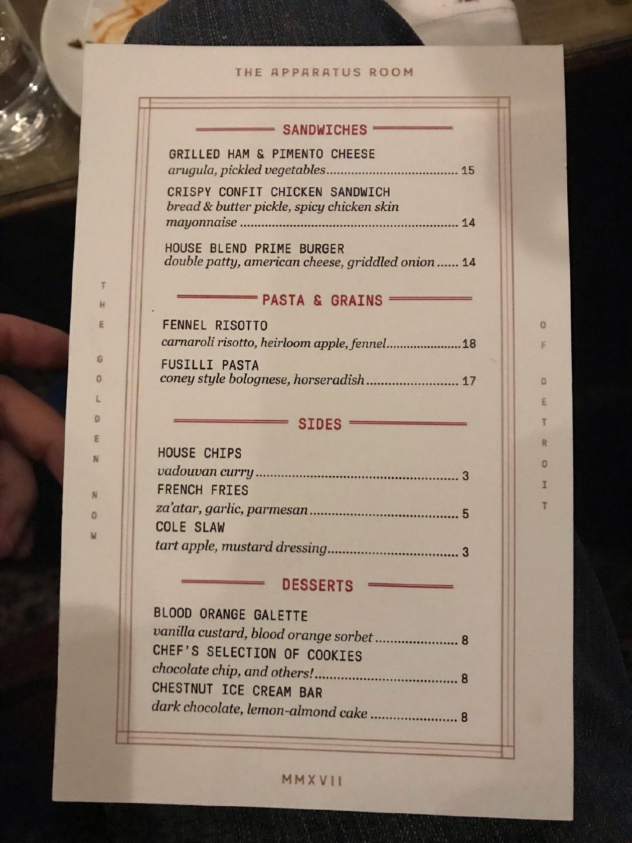 Menu at The Apparatus Room pub & bar, Detroit
