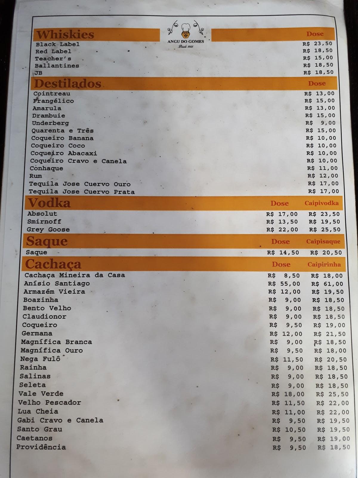 Menu em Angu do Gomes restaurante, Rio de Janeiro, R. Sacadura Cabral
