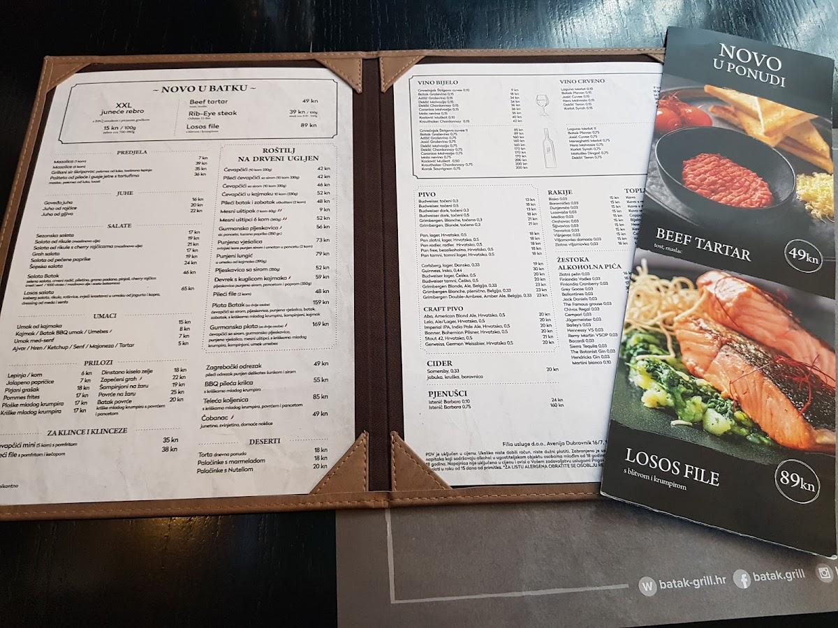 Menu at Batak Grill restaurant, Zagreb, Radnička cesta 37c