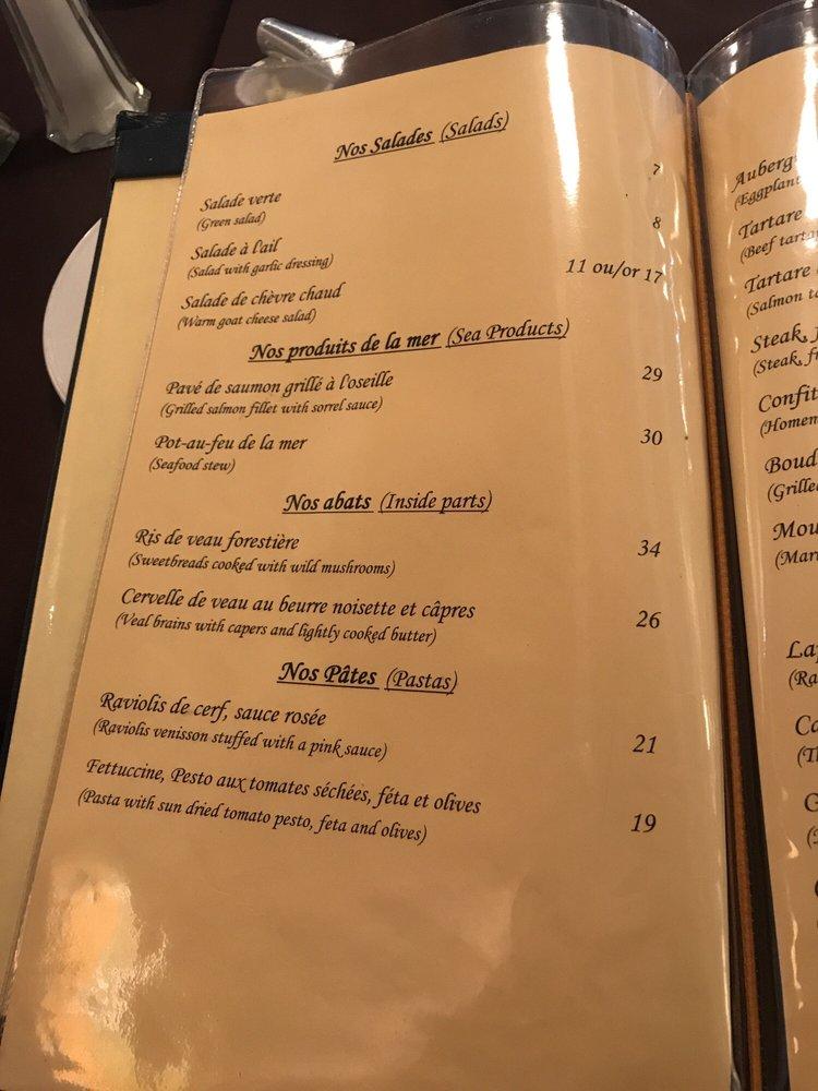 Menu at Bistro St-Malo restaurant, Québec City, 75 Rue Saint-Paul