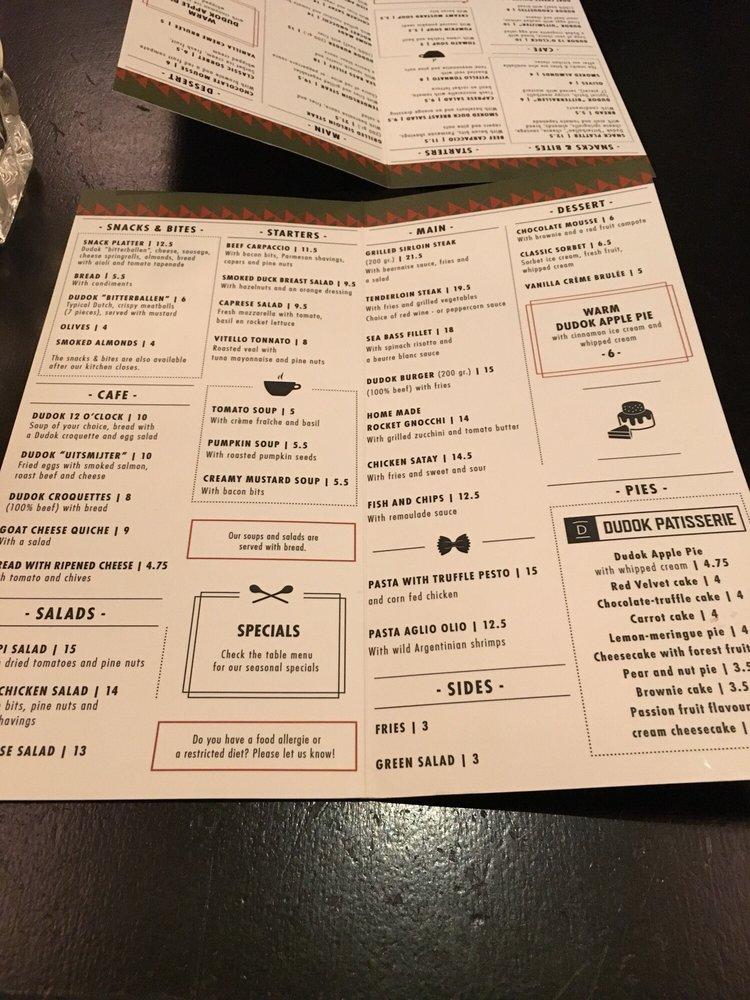Menu at Dudok, Rotterdam, Meent 88
