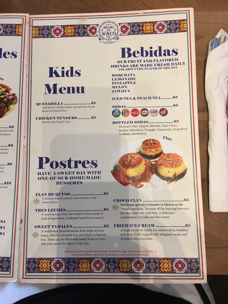 Menu at Hecho En Waco Mexican Cuisine restaurant, Waco