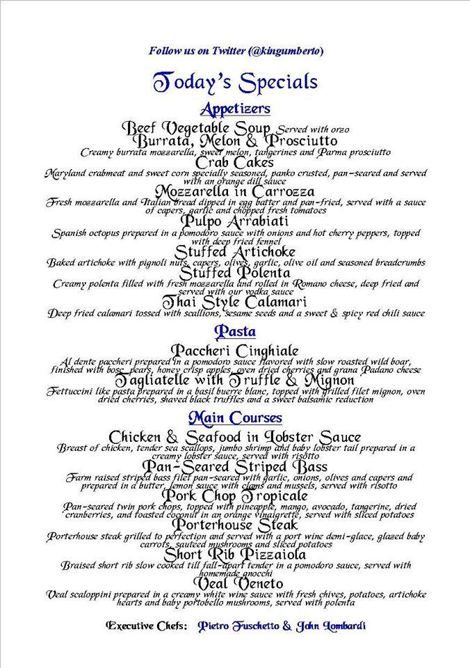 Menu at King Umberto pizzeria, Elmont