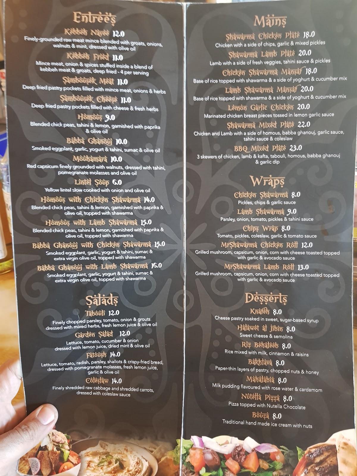 Menu at Mr. Shawarma restaurant, Greenacre