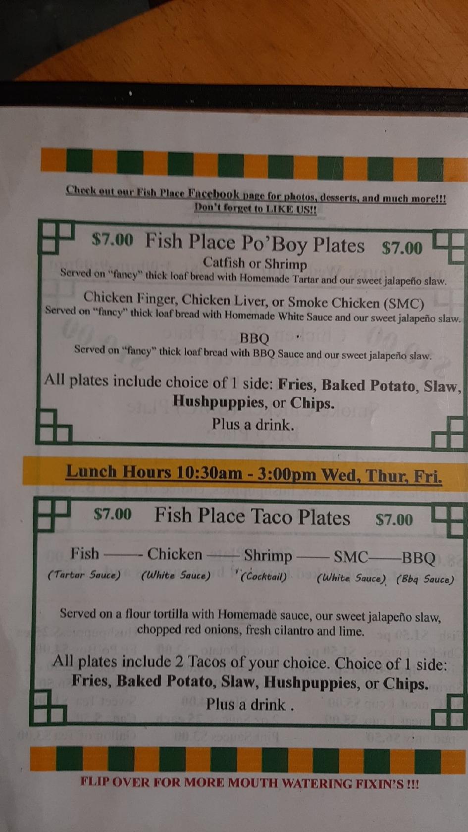 Menu at The Fish Place restaurant, Belmont