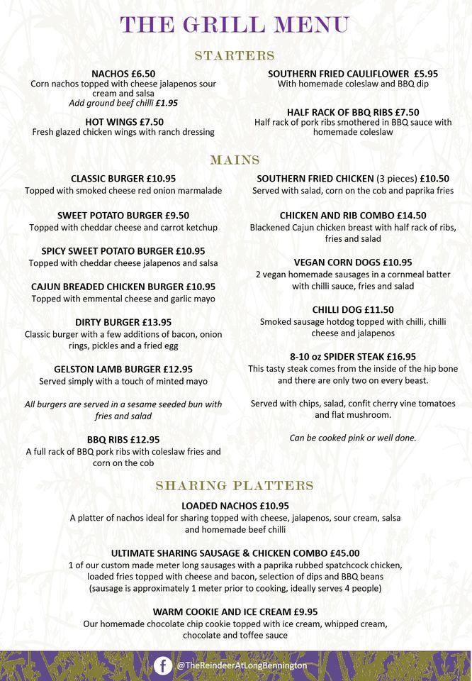Menu at The Reindeer at Long Bennington pub & bar, Long Bennington