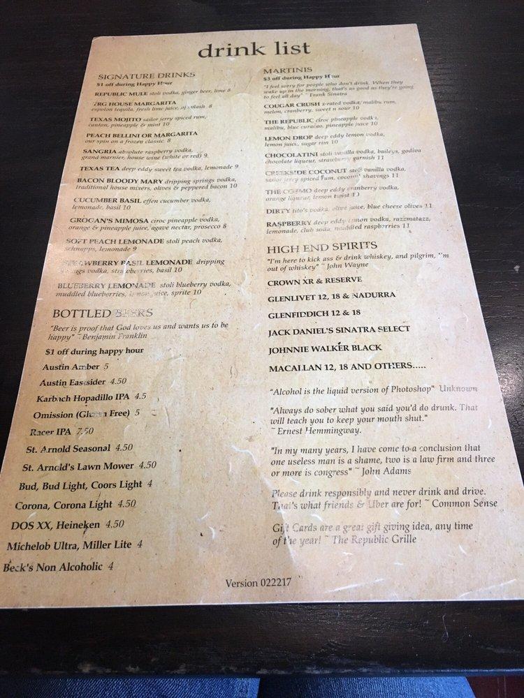 Menu at The Republic Grille - The Woodlands, The Woodlands, W Panther ...