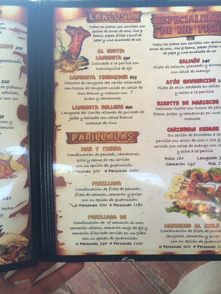 Menu at Big Fish restaurant, Cancún