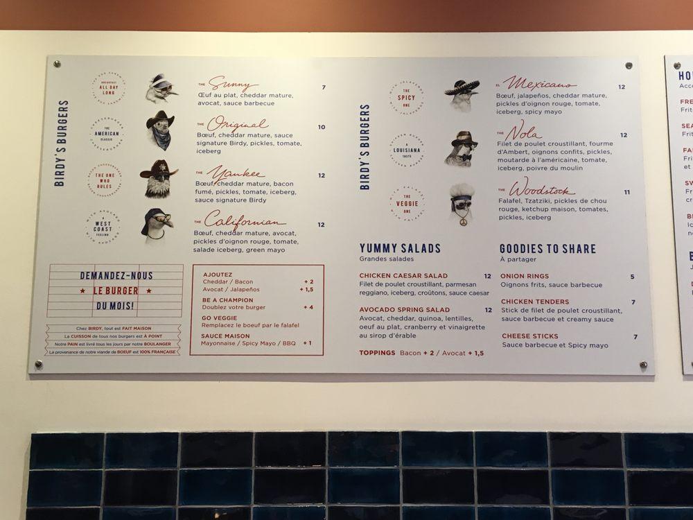 Menu at Birdy fast food, Paris, 49 Av. Bosquet