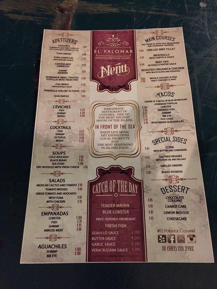 Menu at El Palomar Cozumel pub & bar, San Miguel de Cozumel
