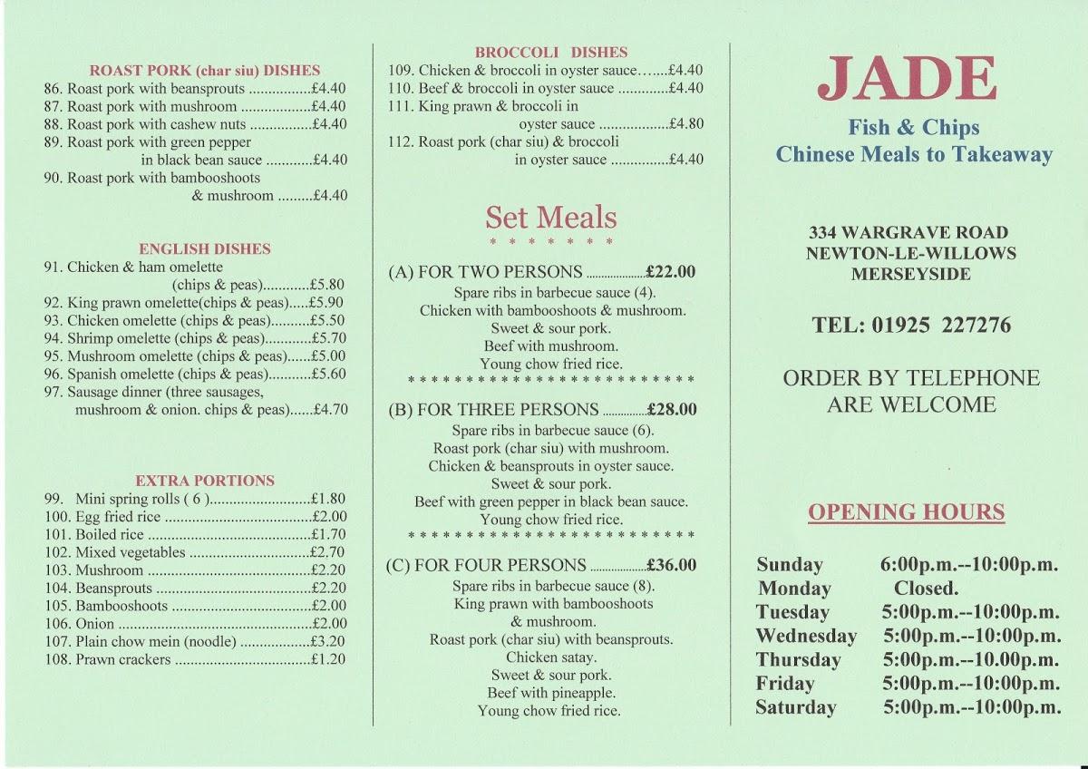 Menu at Jade restaurant, Newton-le-Willows