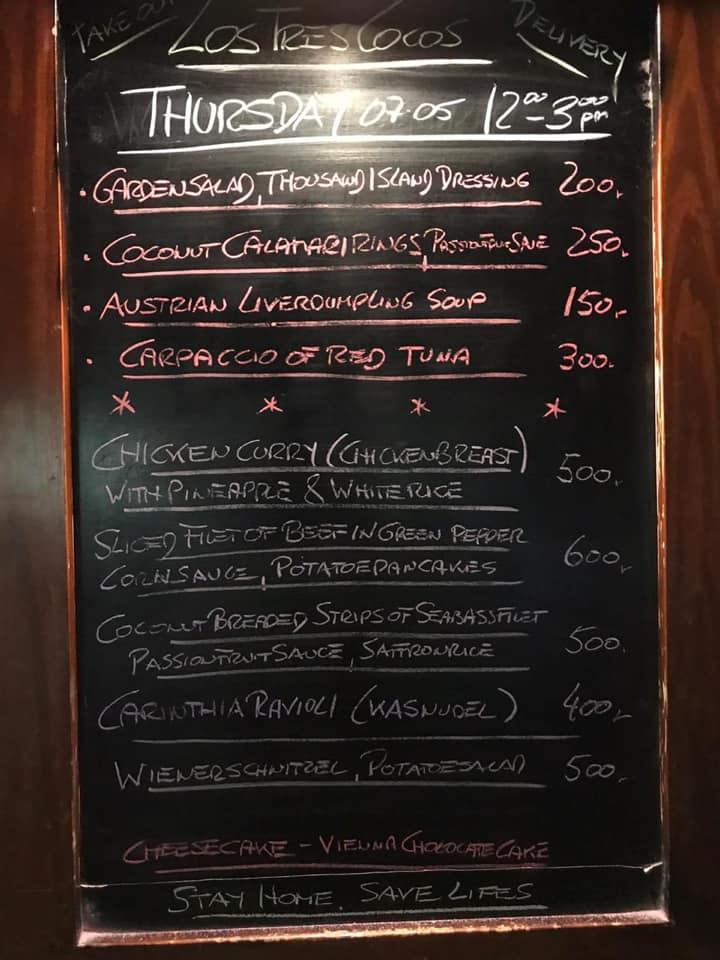 Menu at Los Tres Cocos restaurant, Puerto Plata