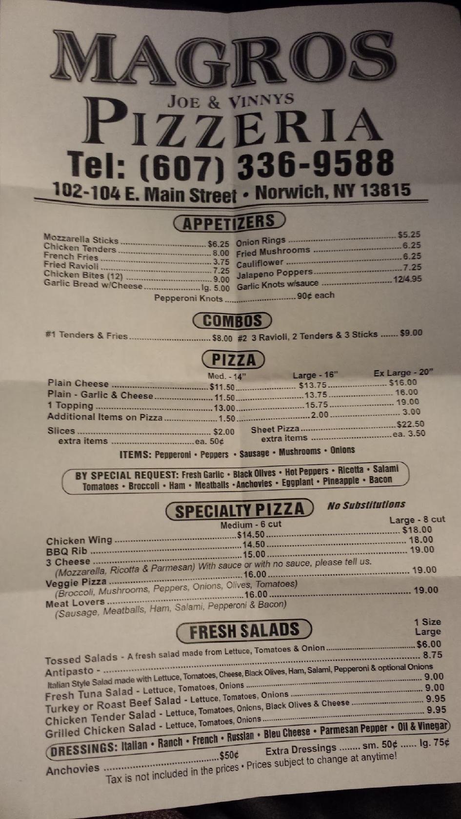 Menu at Magro's pizzeria, Norwich