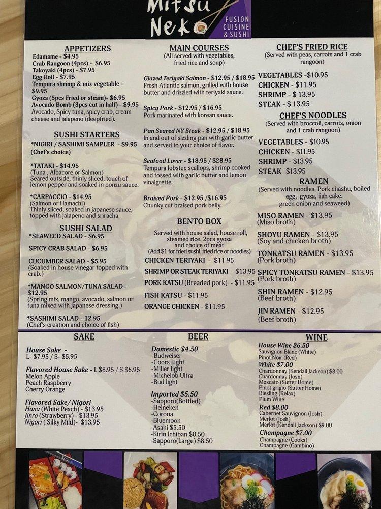 Menu at Mitsu Neko Fusion Cuisine & Sushi restaurant, Branson