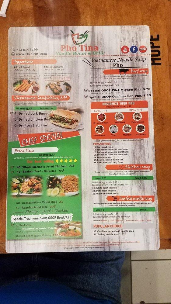 Menu at Pho Tina Noodle House & Grill restaurant, Houston, Fairbanks ...
