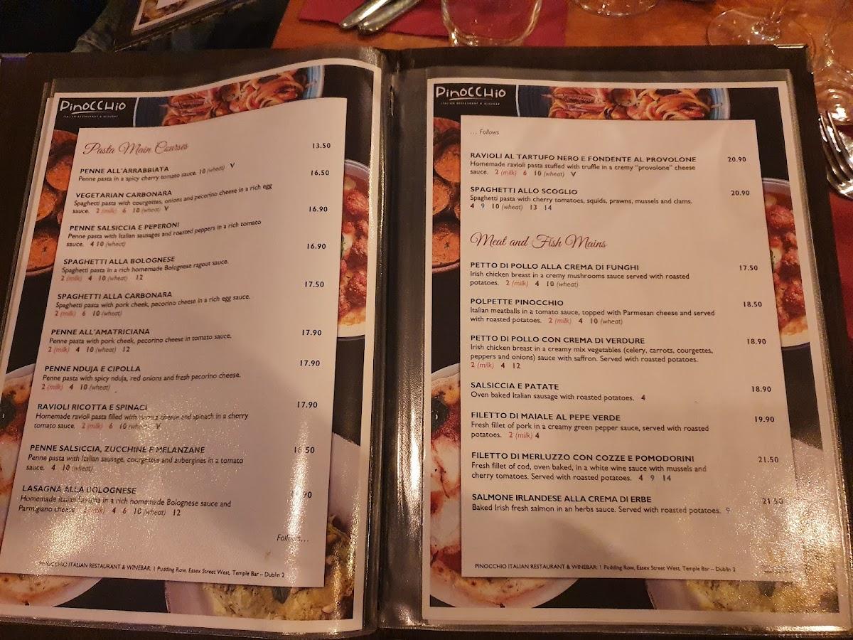 Menu at Pinocchio Italian Restaurant - Temple Bar, Dublin, Pudding Row