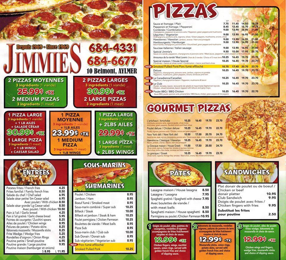 Menu at Jimmie's Pizza pizzeria, Gatineau