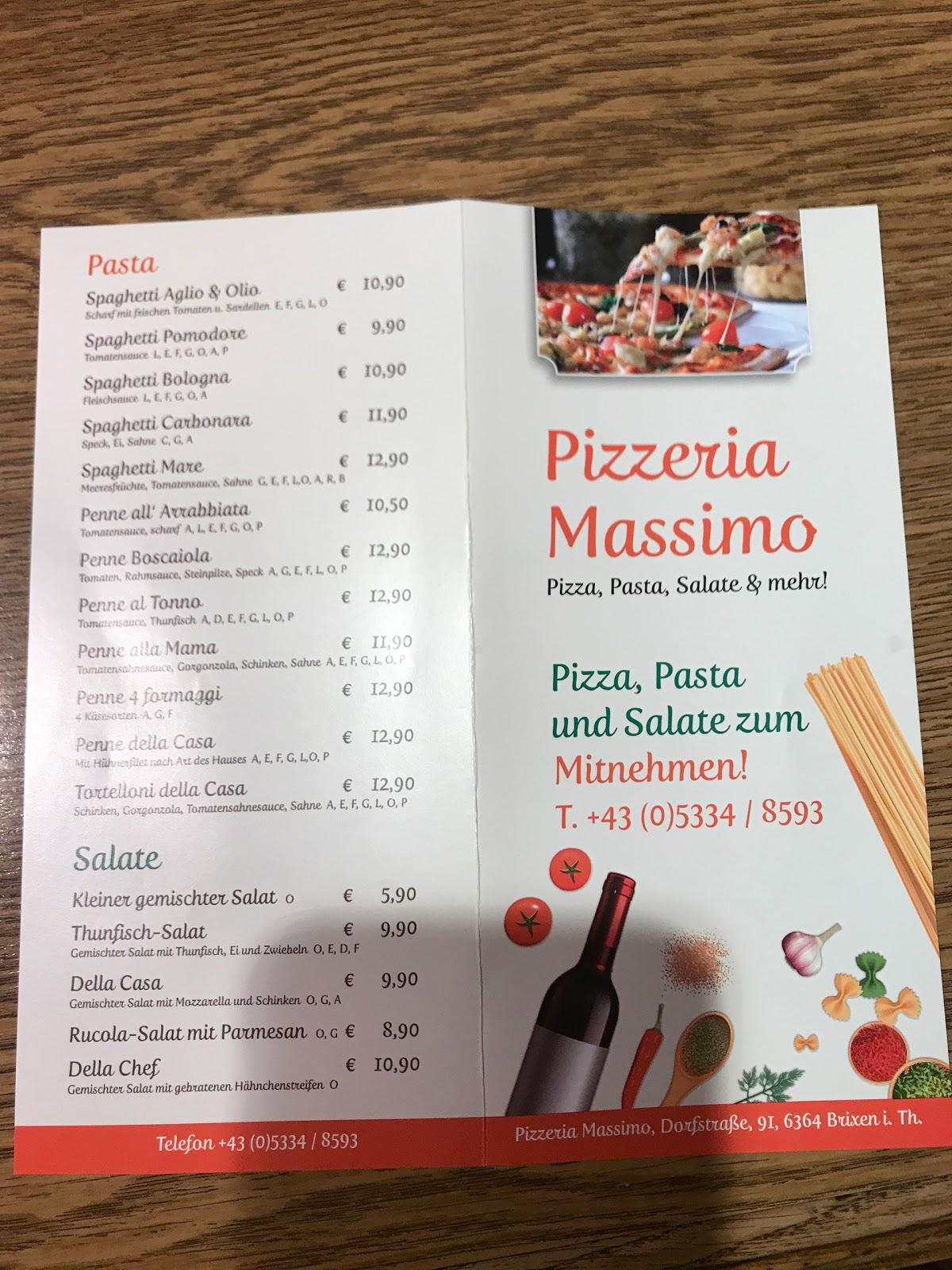 Speisekarte von Pizzeria Massimo, Brixen im Thale