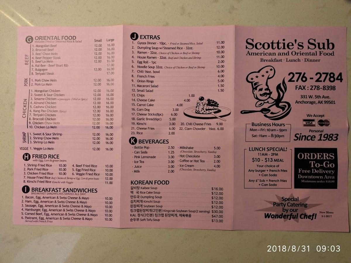 Menu at Scottie's Sub Shop fast food, Anchorage