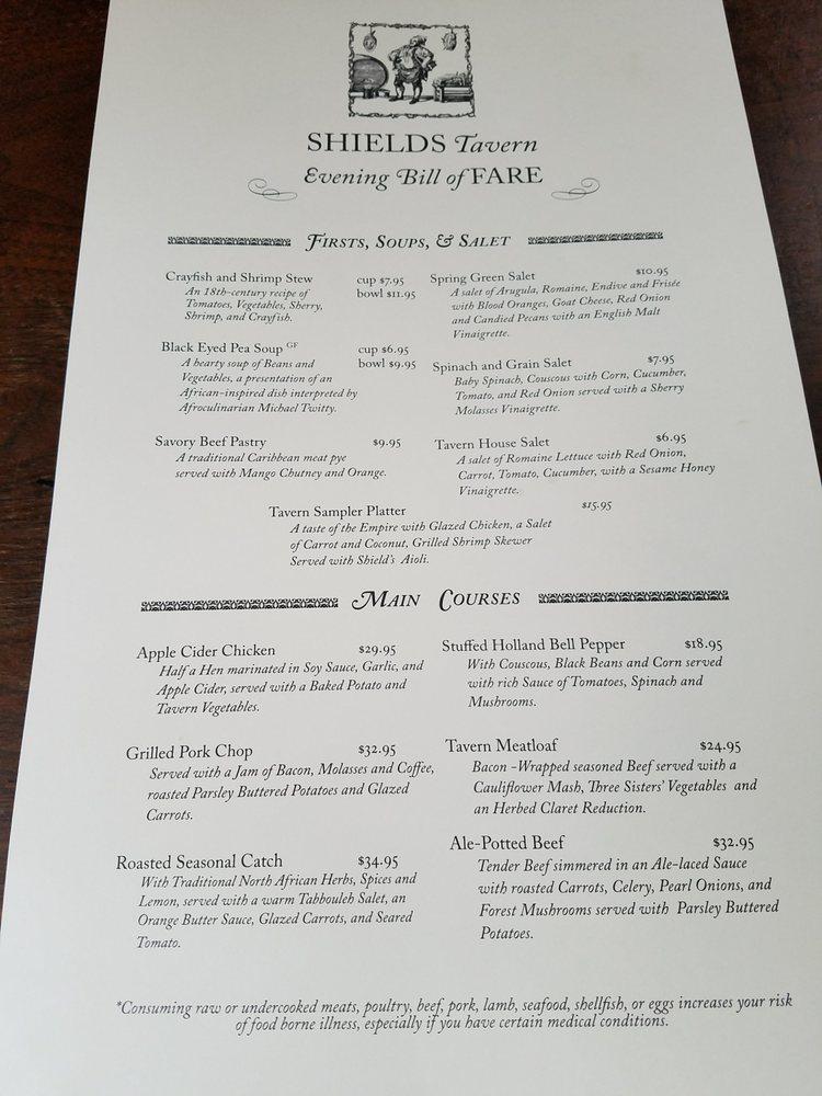 Menu at Shields Tavern restaurant, Williamsburg