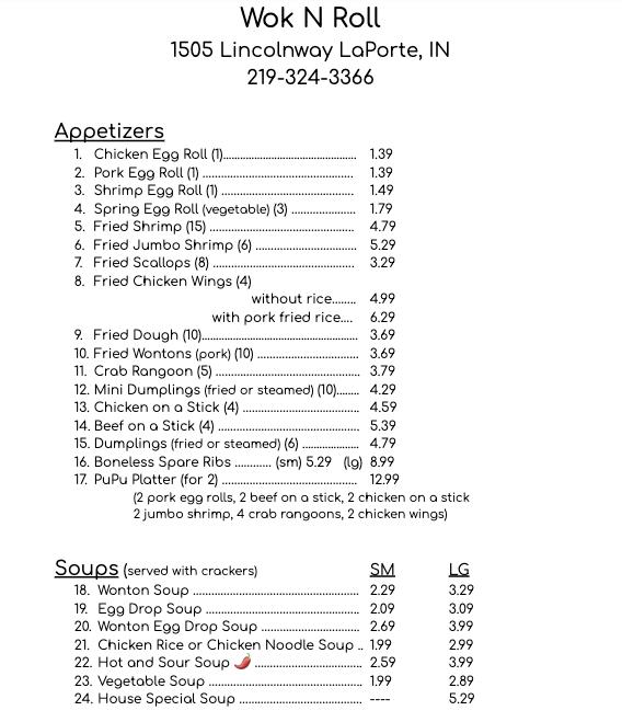 Menu at Wok & Roll restaurant, La Porte, Lincolnway