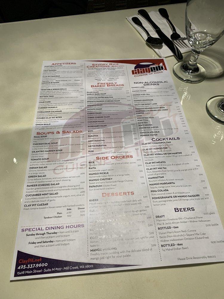 Menu at Claypit Cuisine of India restaurant, Mill Creek