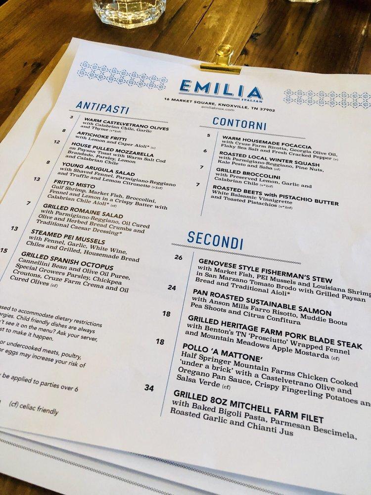 Menu at Emilia restaurant, Knoxville