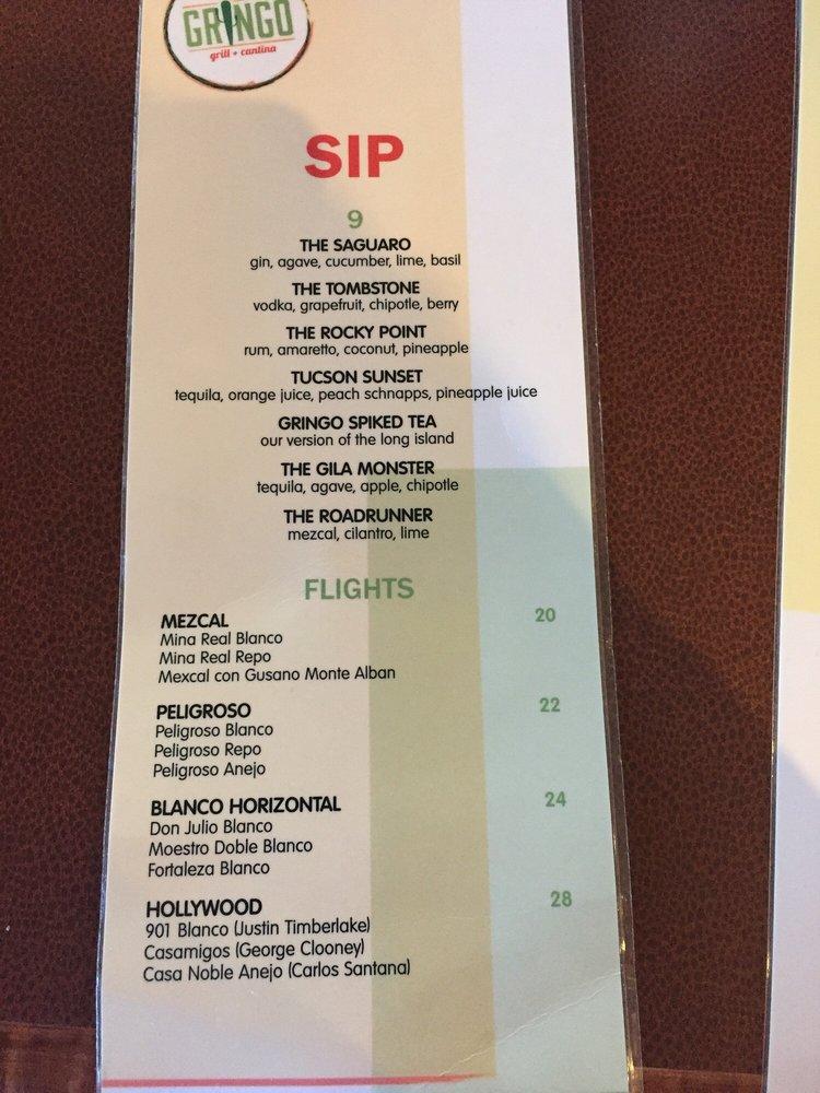 Menu at GRINGO grill + cantina pub & bar, Tucson