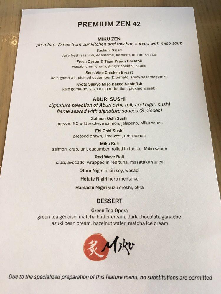 Menu at Miku Vancouver restaurant, Vancouver