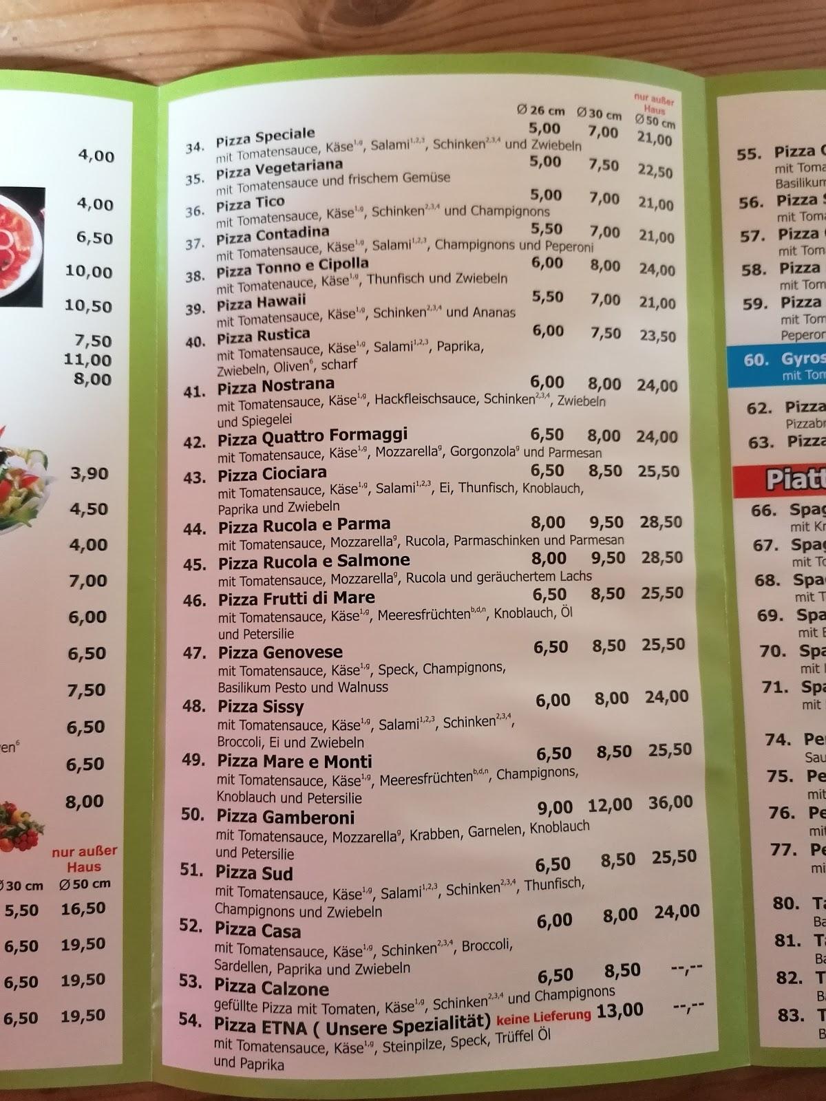 Speisekarte von Pizzeria Ristorante Etna, Delligsen