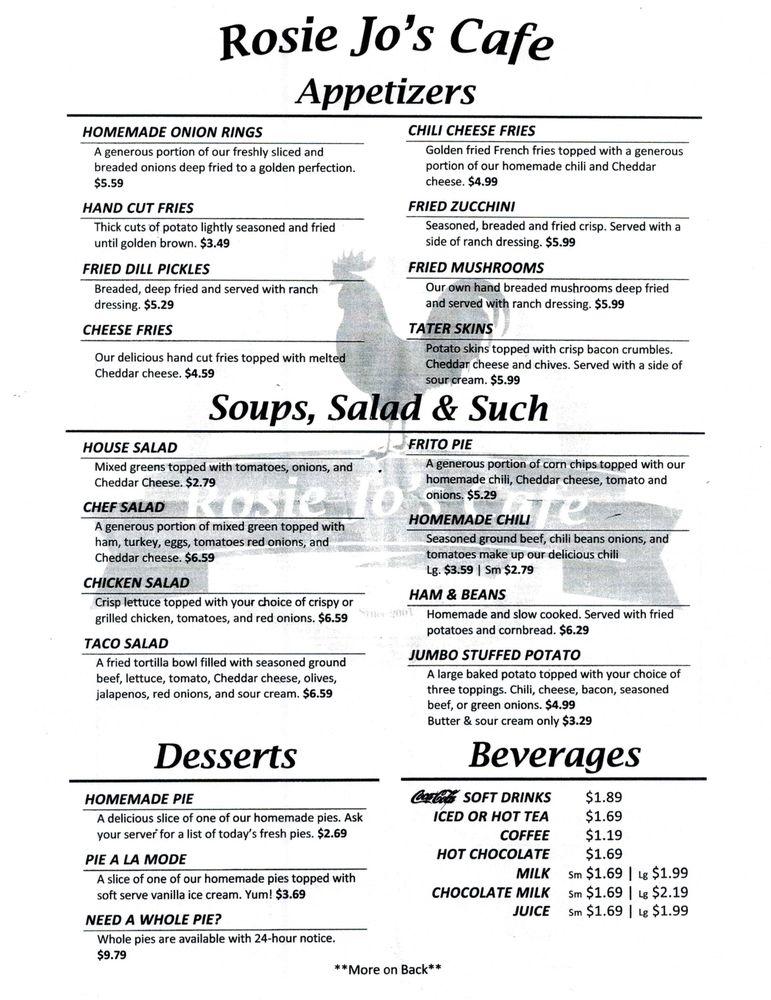 Menu at Rosie Jo's Cafe, Ozark, S 15th St