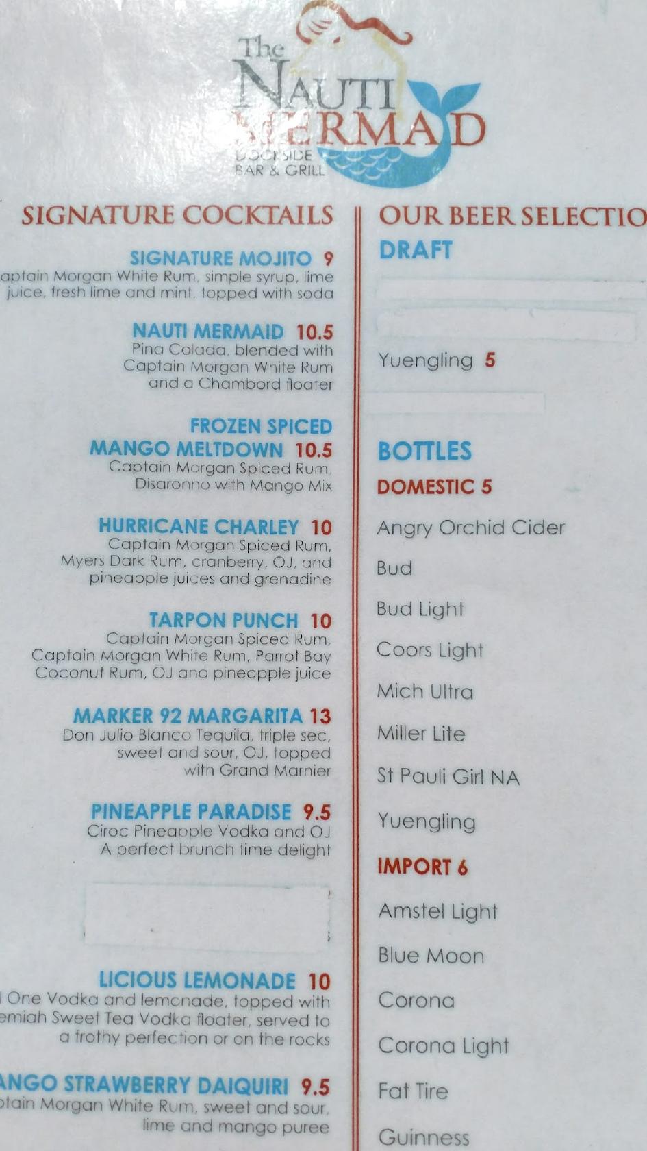 Menu at The Nauti Mermaid Dockside Bar & Grill, Cape Coral
