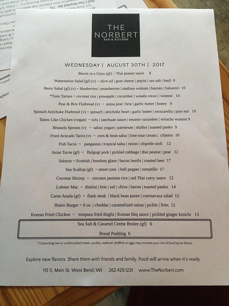 Menu at The Norbert pub & bar, West Bend