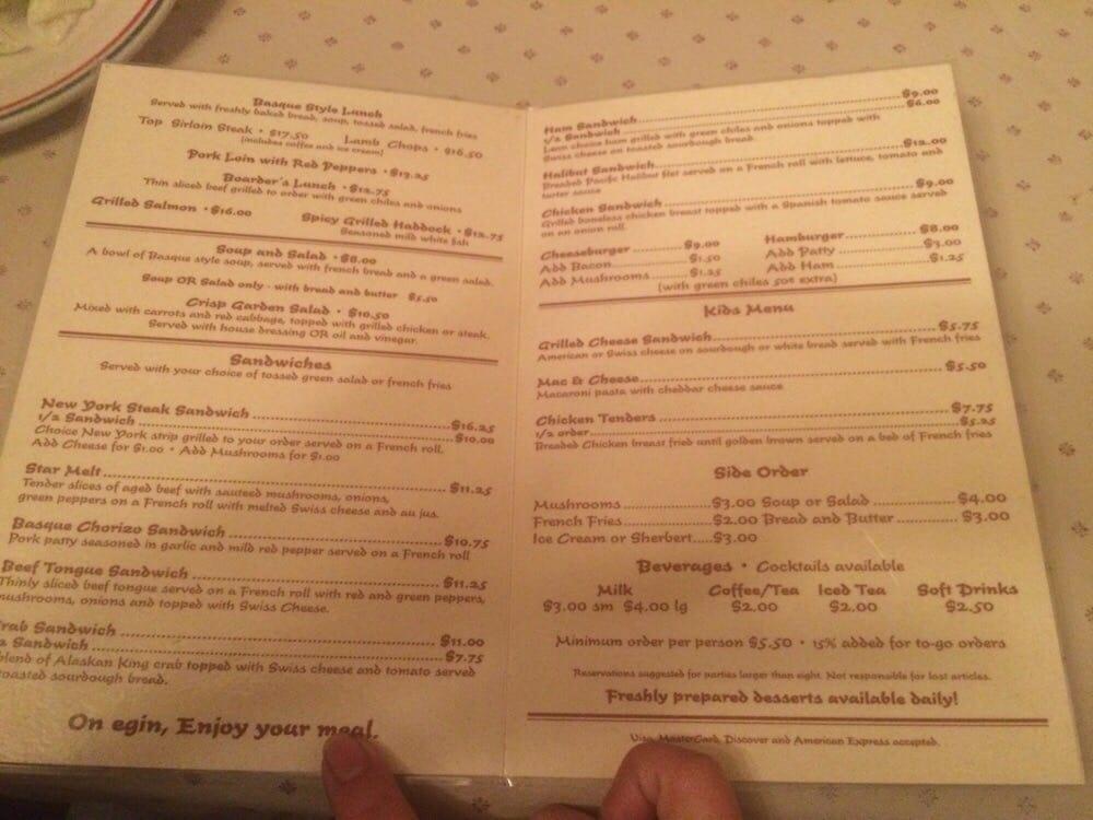 Menu at The Star Hotel Basque Dining steakhouse, Elko, 246 W Silver St