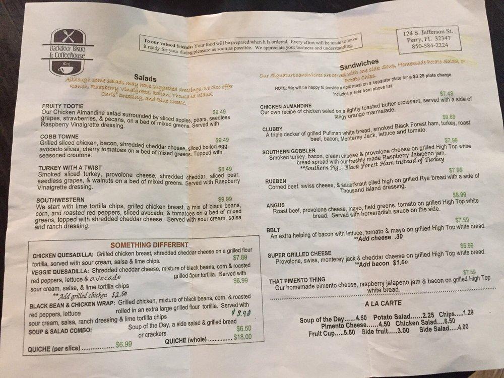 Menu at Backdoor Bistro & Coffee Shop cafe, Perry