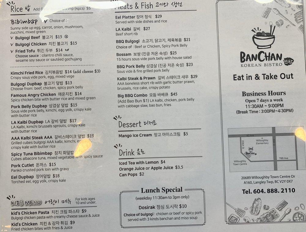 Menu at Banchan Korean Bistro 반찬 restaurant, Langley Township