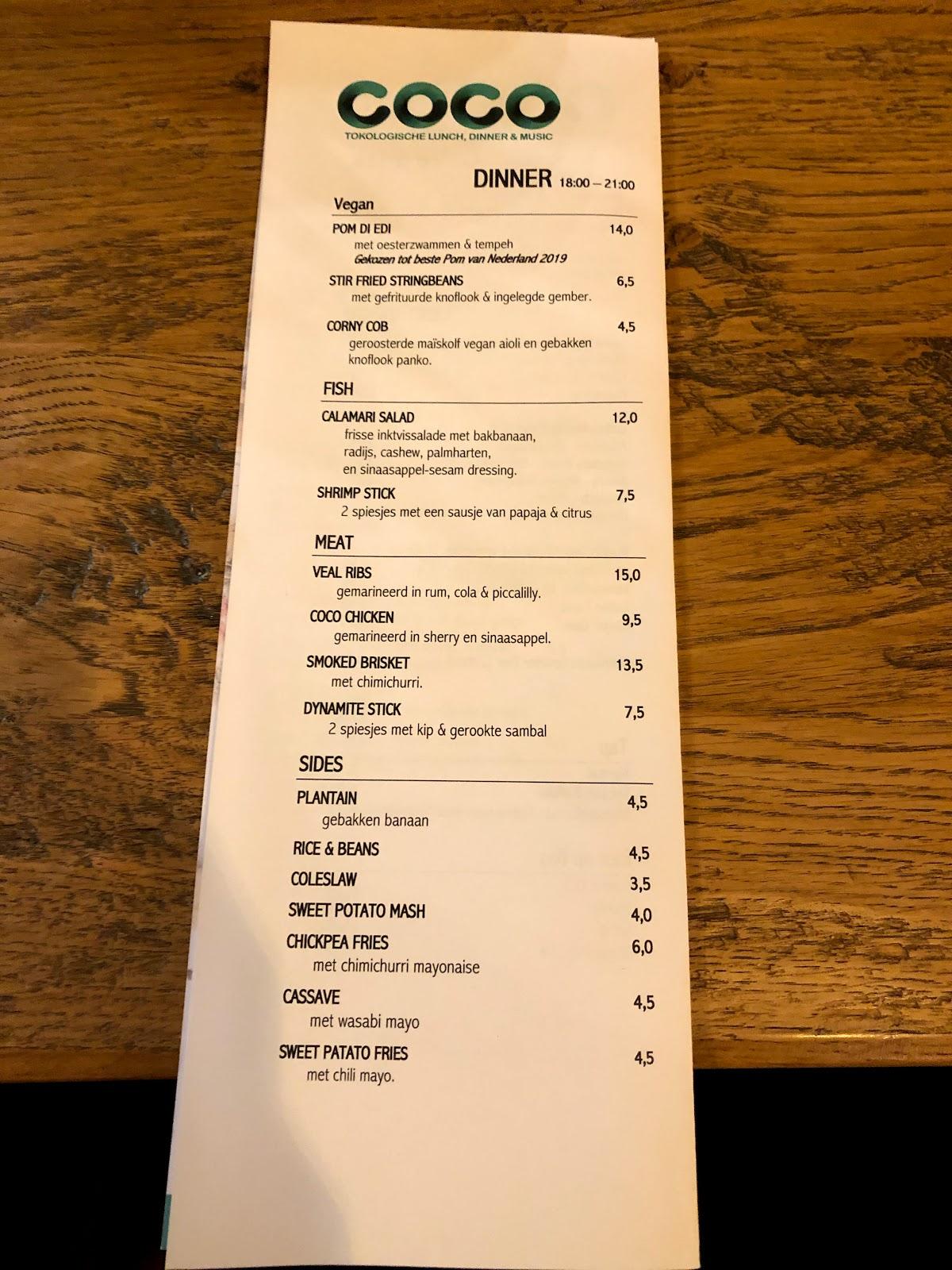 Menu at COCO Rotterdam, Rotterdam