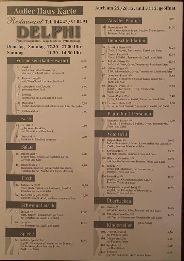 Menu au Delphi Restaurant, Dinklage