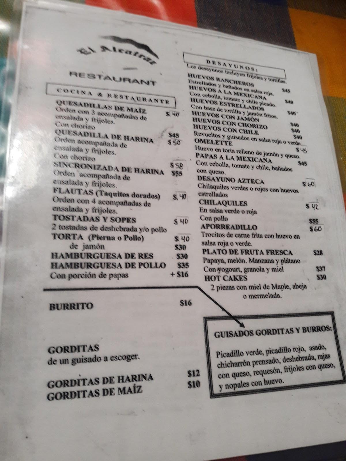Menu at El Alcatraz, Durango