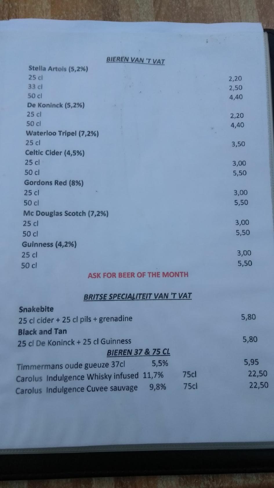 Menu at Highlander Cafe, Antwerp, Stadswaag 21