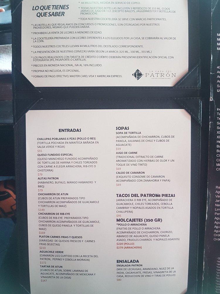 Menu at La Casa del Patrón Puebla restaurant, Puebla City
